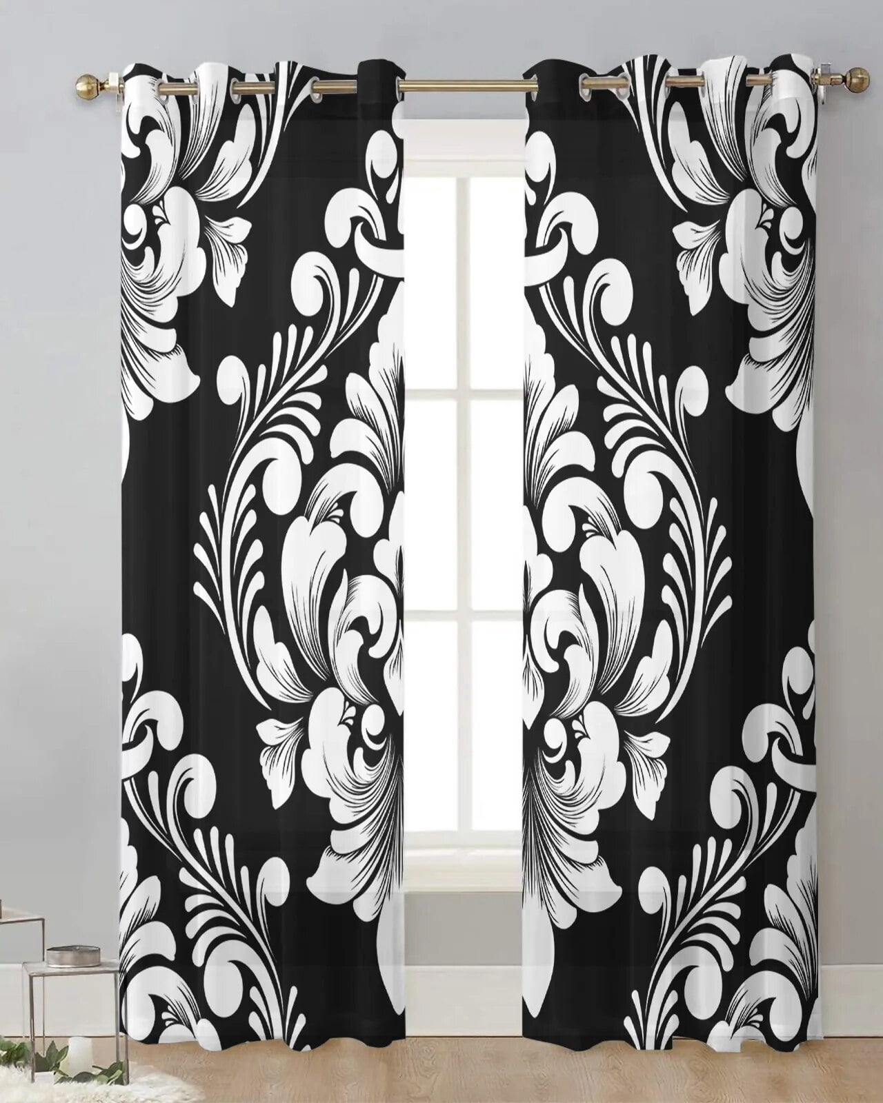 Classic Luxury Vintage Damask Black Tulle Curtain Living Room Printed ...