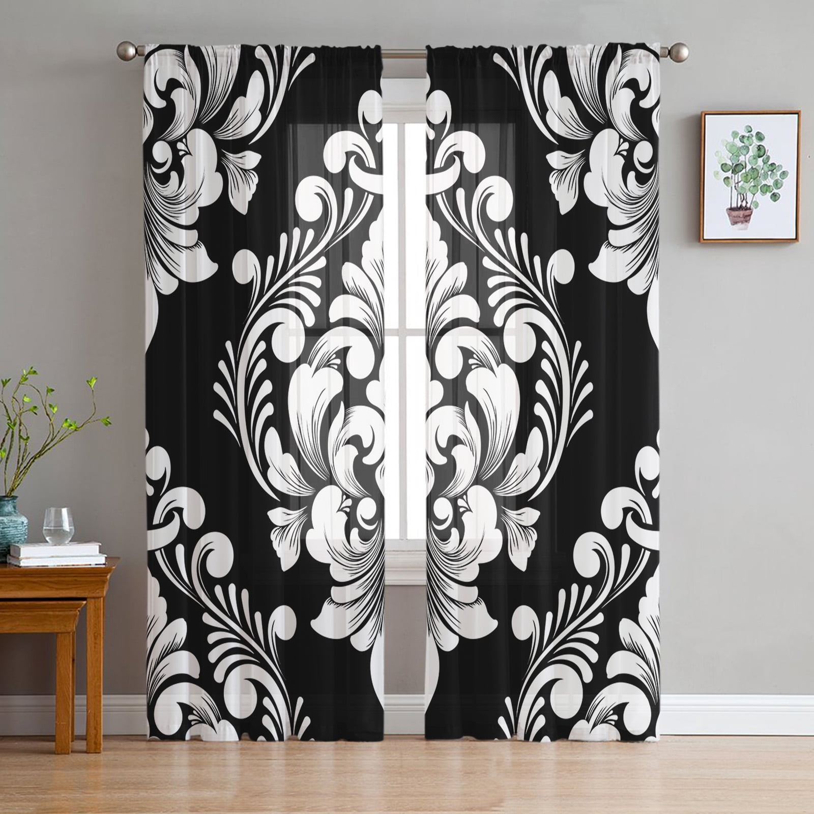 Classic Luxury Vintage Damask Black White Sheer Curtains for Living Room ration Window Curtains ...