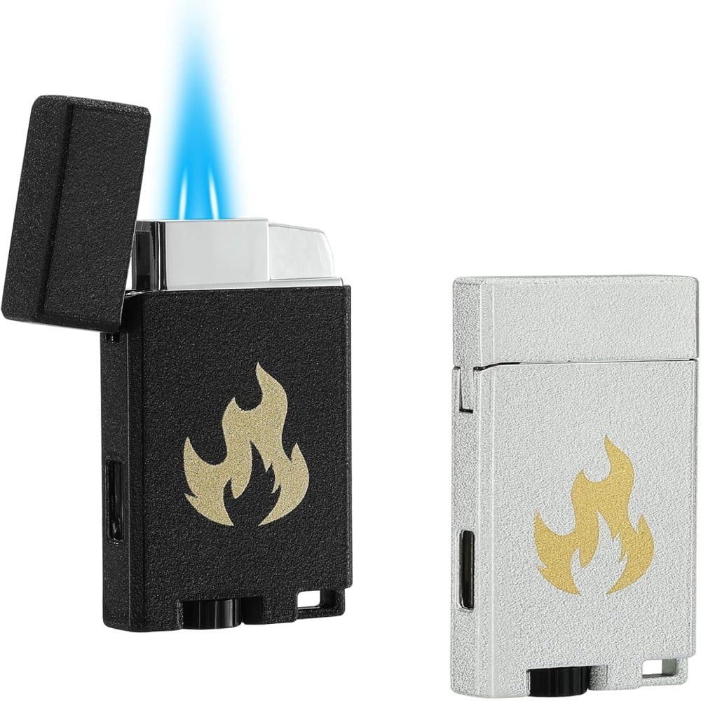 Classic Matte Butane Pocket Lighter, 2 Pack Double Jet Flame Torch Lighter with Visible Window ...