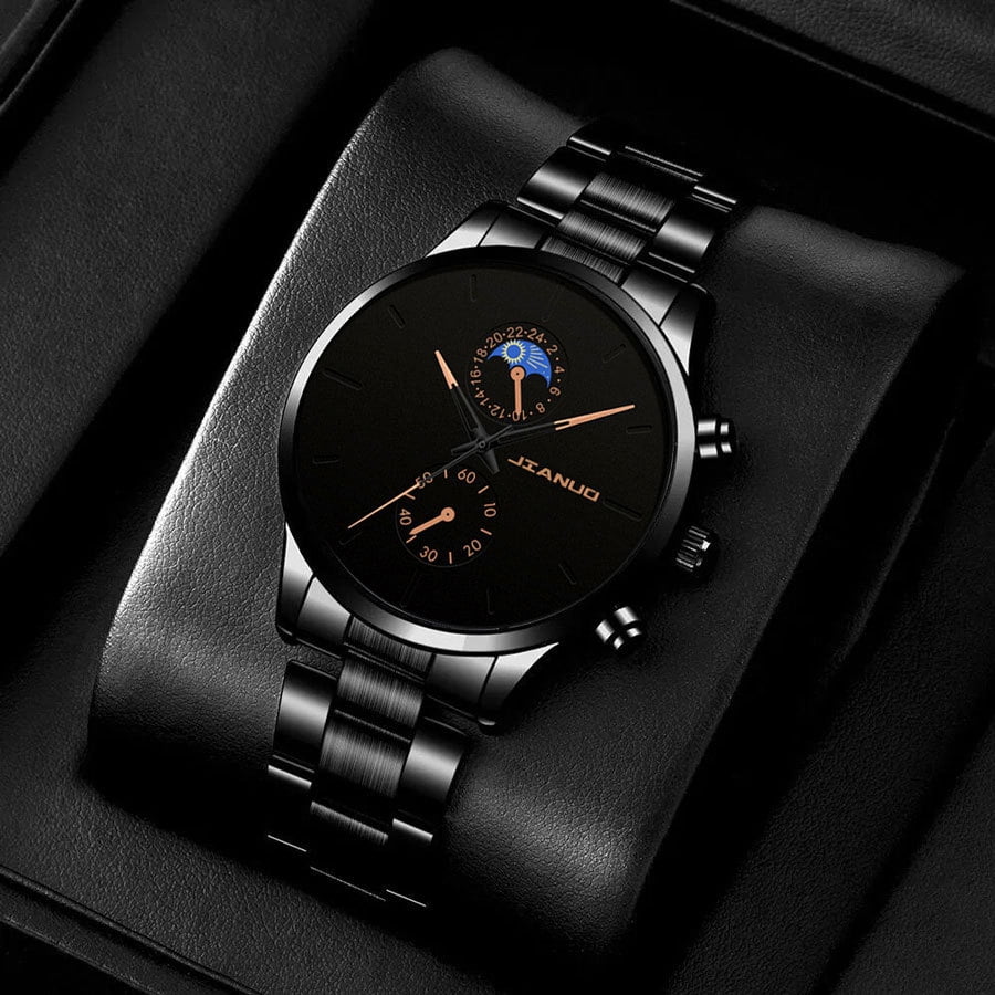 Classic Men's Quartz Watch | Black Dual-Eye Moon Phase Dial | Stainless ...