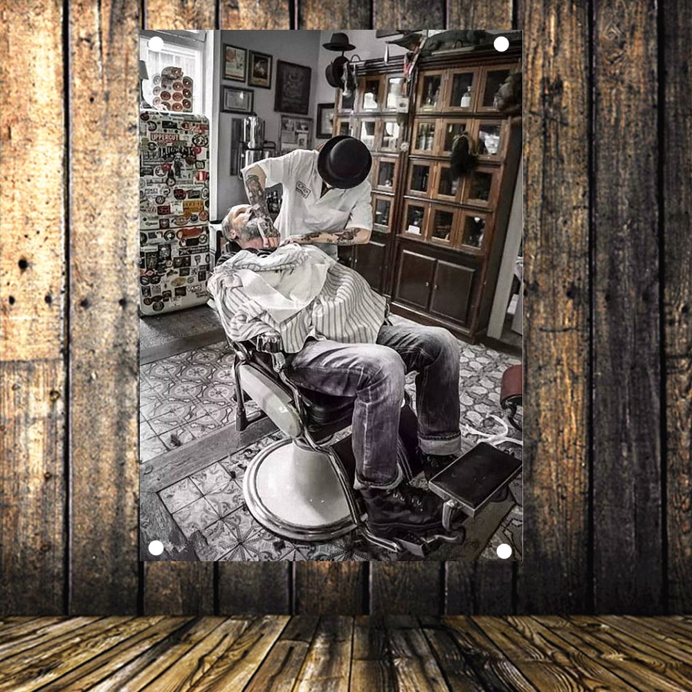 Classic Men's Short Haircut with Beard Poster Banner Flag Haircut ...