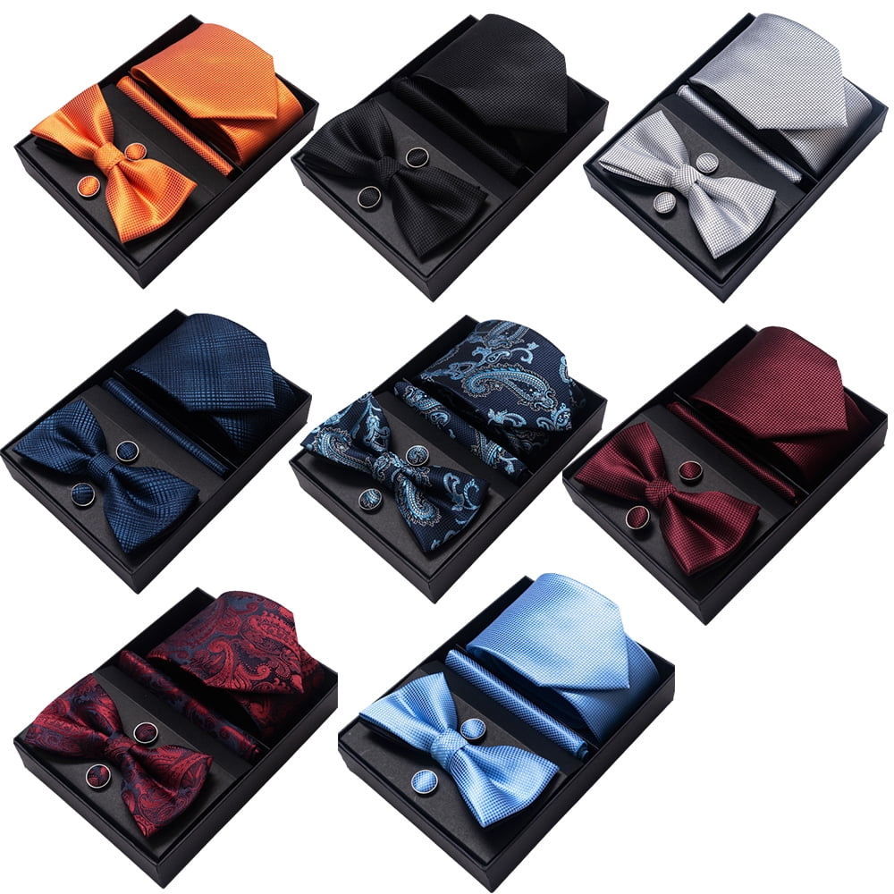 Classic Men's Tie Lapel Set Woven Tie Pocket Square Cufflinks Red Black ...
