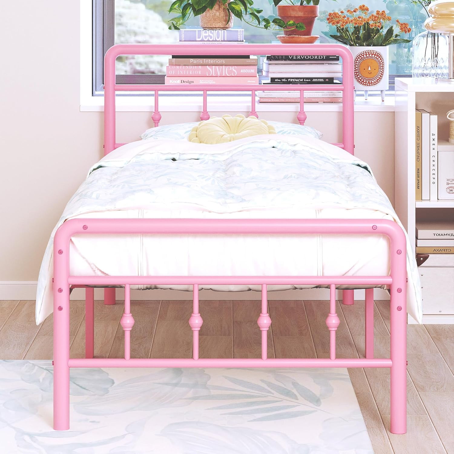 Classic Metal Platform Pink Twin Bed Frames with Headboard and ...