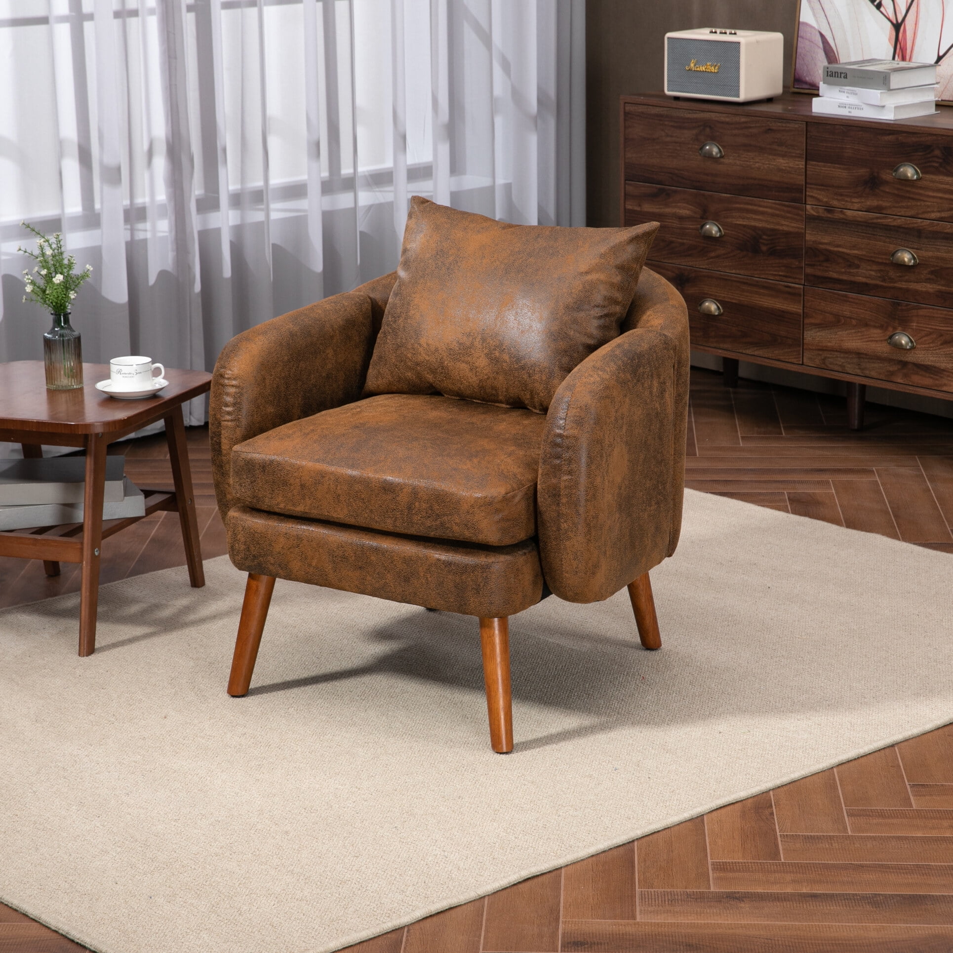 Classic Microsuede Accent Chair, Leisure Barrel Chair with Solid Wood ...