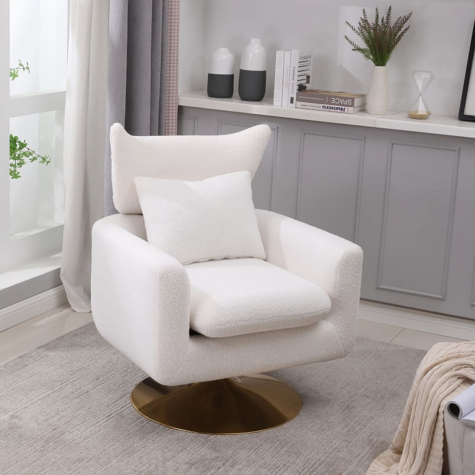 Classic Mid-Century 360-degree Swivel Accent Chair, White Teddy Fabric ...