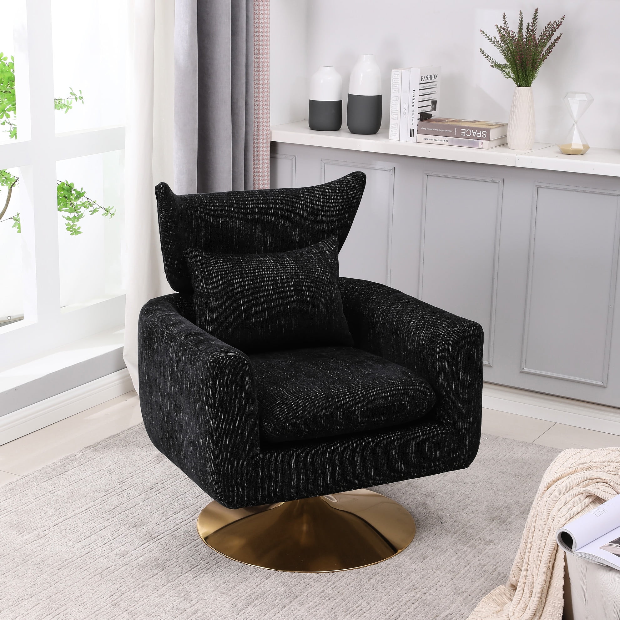 Classic Mid-century 360-degree Swivel Chair In Black Linen - Build And ...