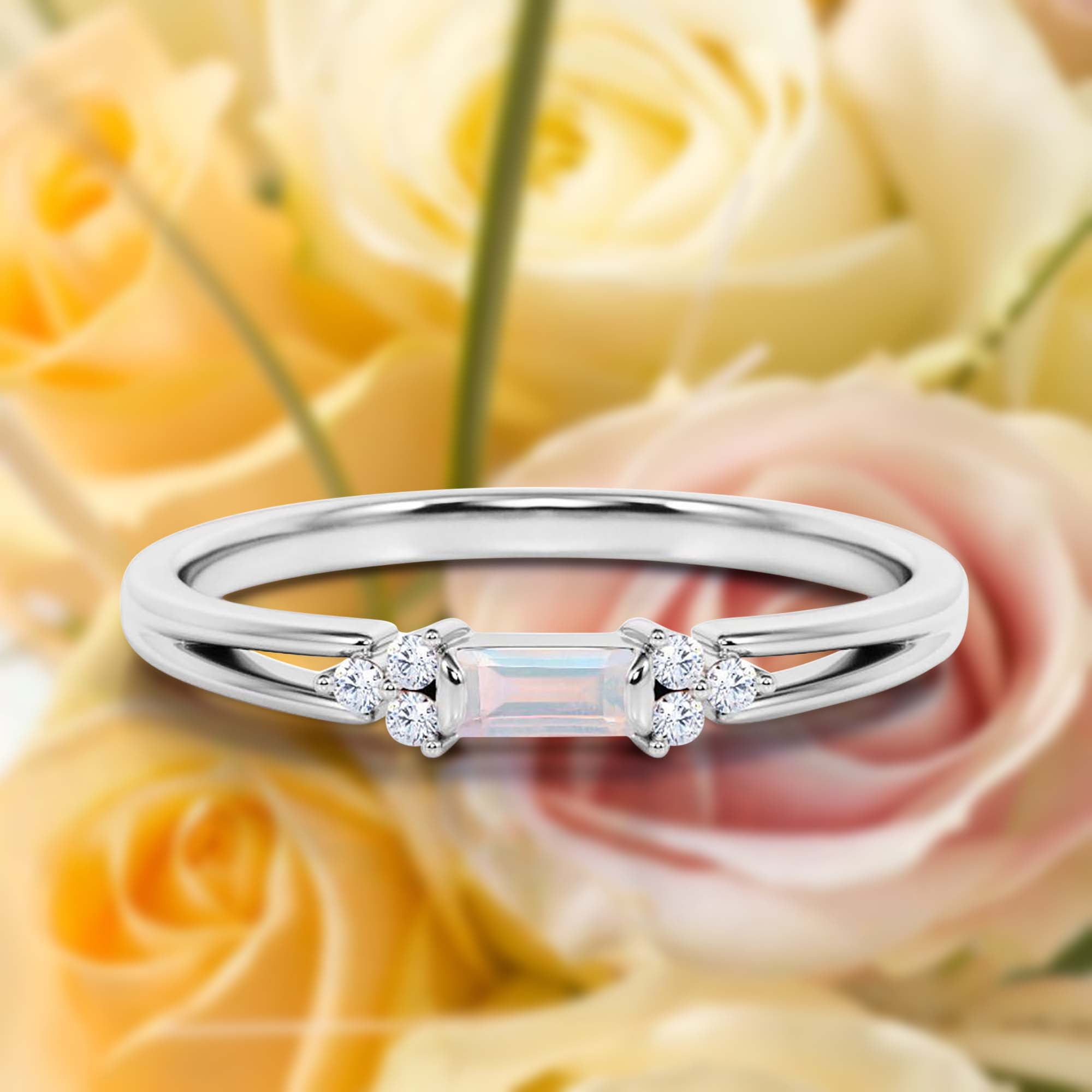 Classic Minimalist 1.00 Carat Baguette Morganite And Diamond Moissanite Engagement Ring, Split ...