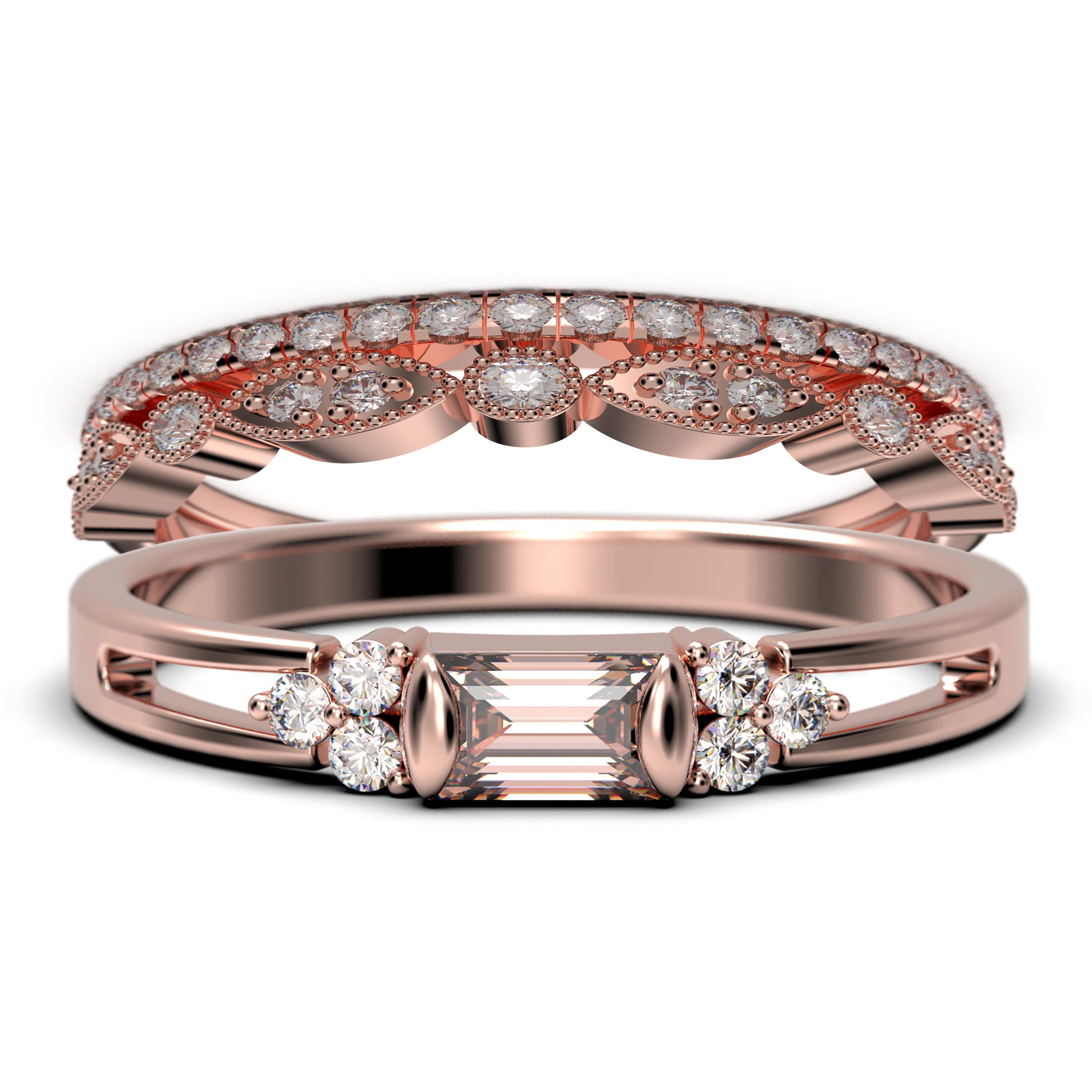 Classic Minimalist 2.00 Carat Baguette Cut Morganite And Diamond Moissanite Engagement Ring ...