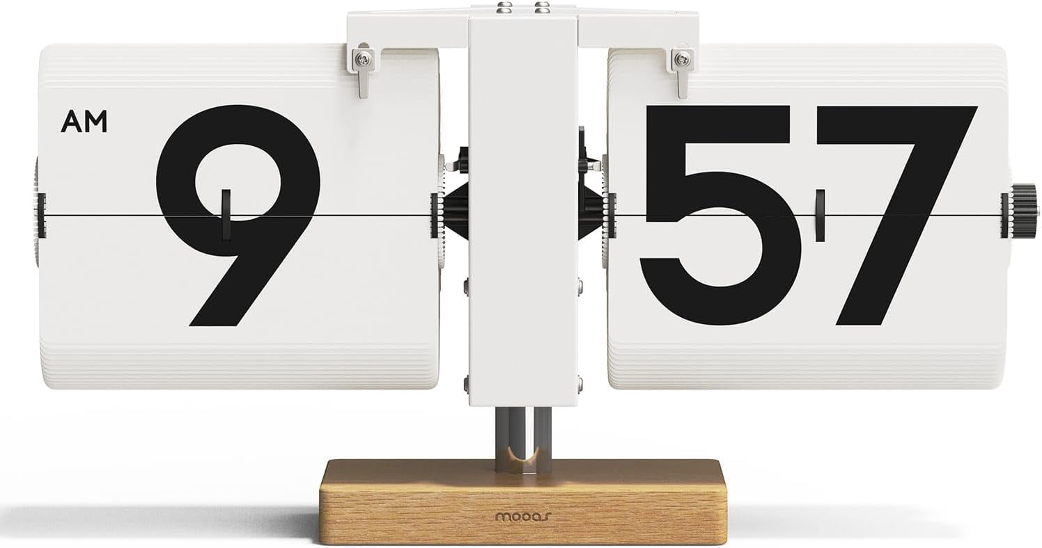 Classic Modern Wood Large Flip Desk Clock (White) with Retro Vintage ...