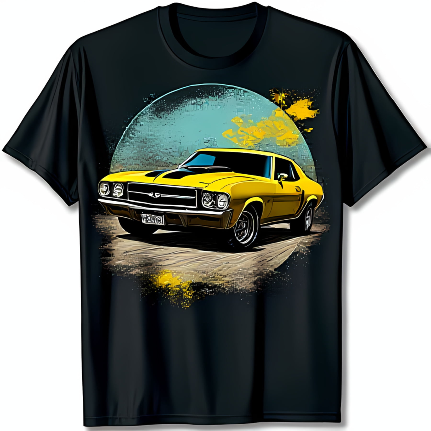 Classic Muscle Car Graphic Black T-Shirt with Racing Stripe Design ...