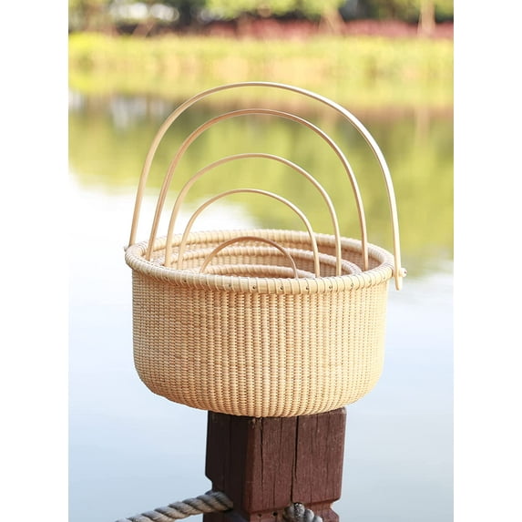 Classic Nantucket Round Baskets with Wood Knobs Handle Woven Basket ...