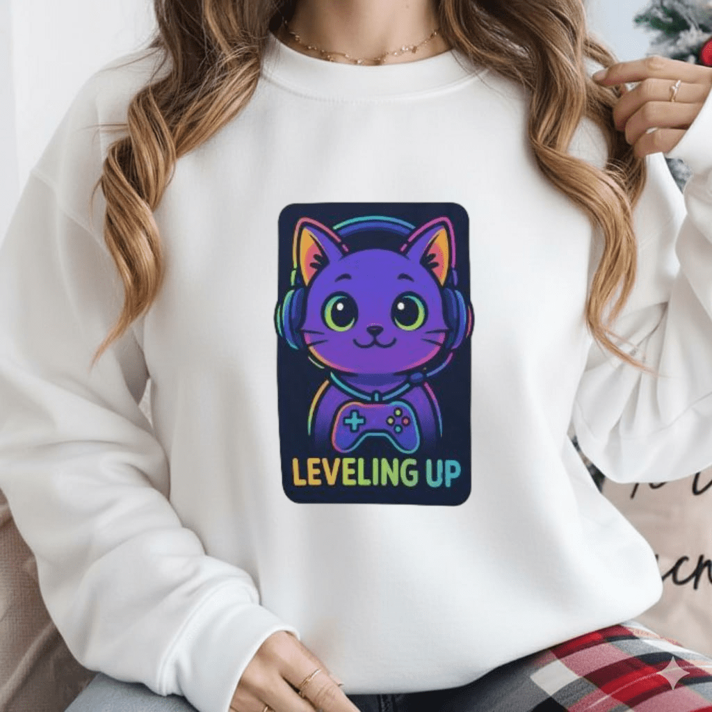 Classic Neon Kawaii Gamer Cat Leveling Up Design Levelupcat Sweatshirt ...