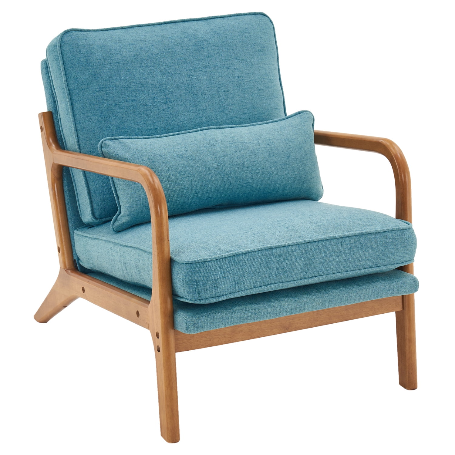 Classic Oak Armrest Chair, Linen Upholstered Single Lounge Chair with ...