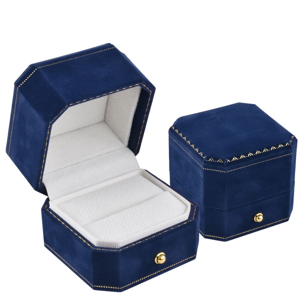 Classic Octagon Dark Blue Velvet Ring Box with White Lining Gold Buckle ...