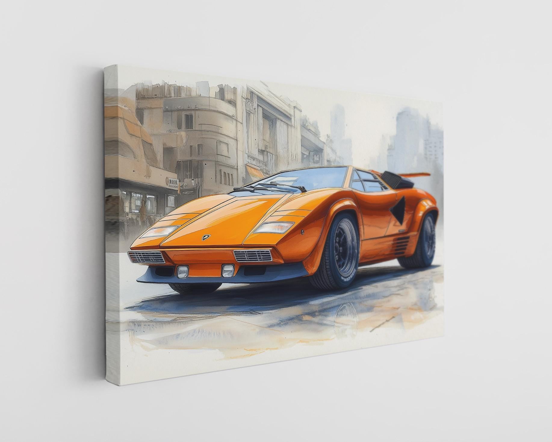 Classic Orange Lamborghini Countach Canvas Art - Retro Cityscape Wall ...