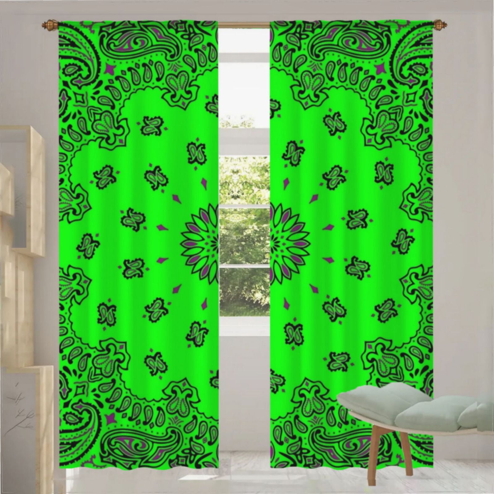 Classic Paisley Bandana, Neon Green, Purple And Black Curtains for ...