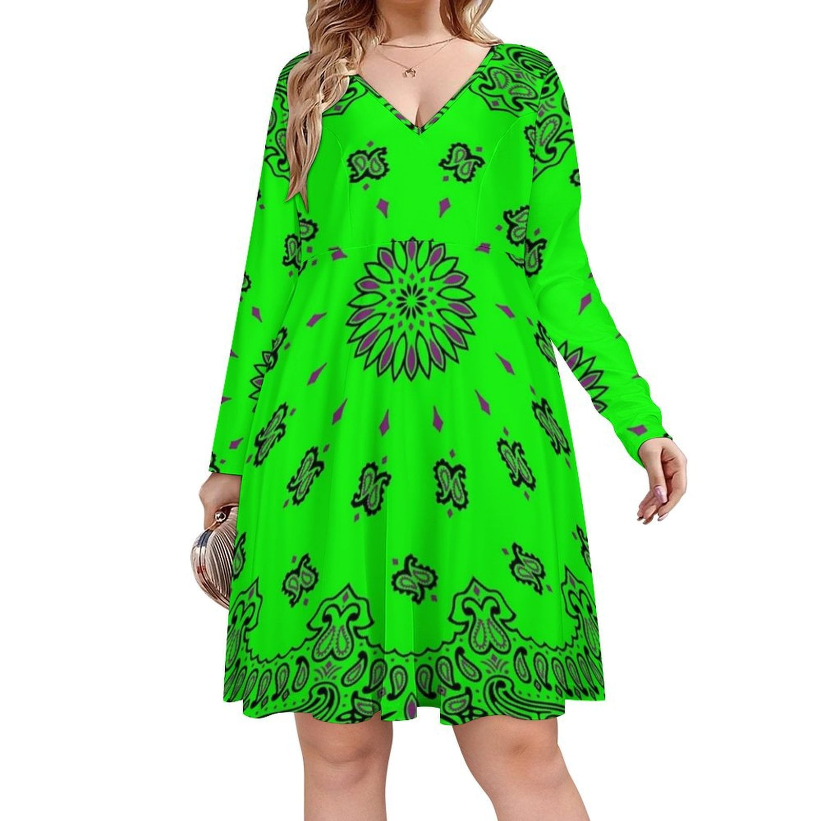 Classic Paisley Bandana, Neon Green, Purple And Black Long Sleeve Dresses For Women Vintage ...