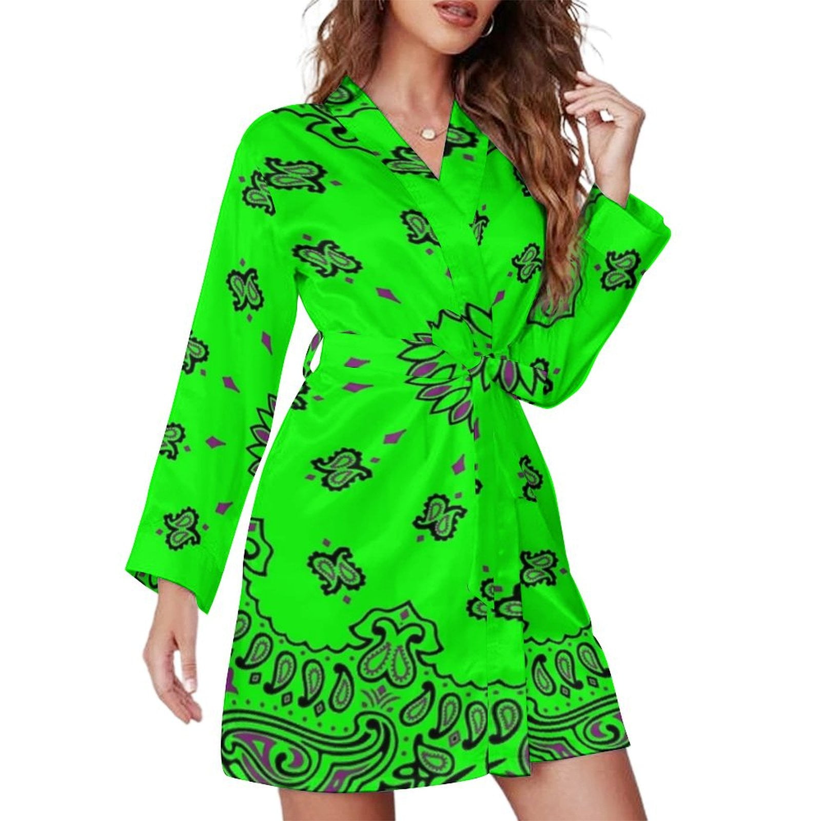 Classic Paisley Bandana, Neon Green, Purple And Black Night Robe Long ...