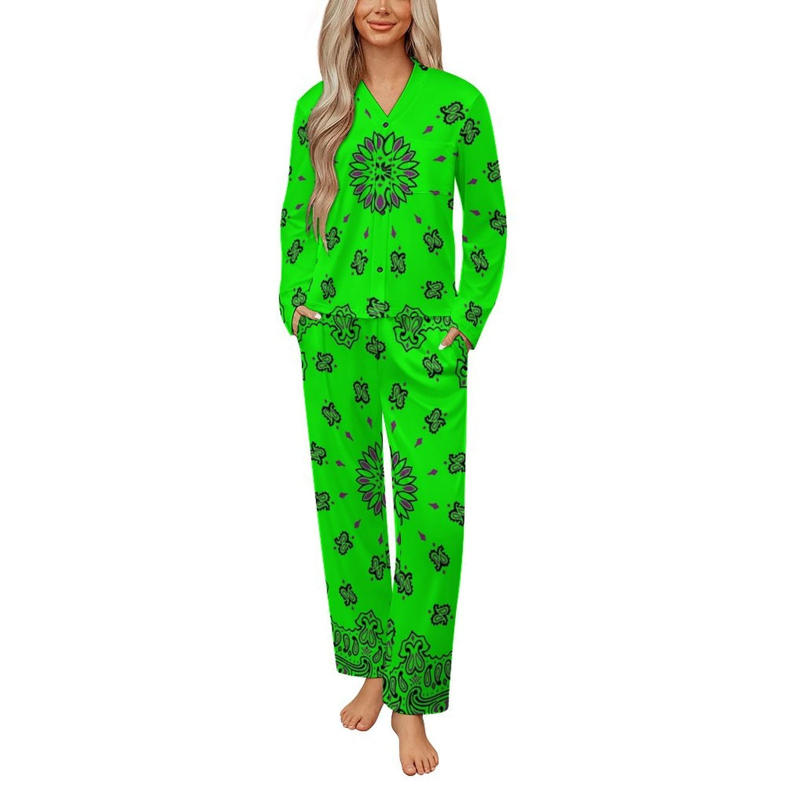 Classic Paisley Bandana, Neon Green, Purple And Black Womens Pyjamas ...