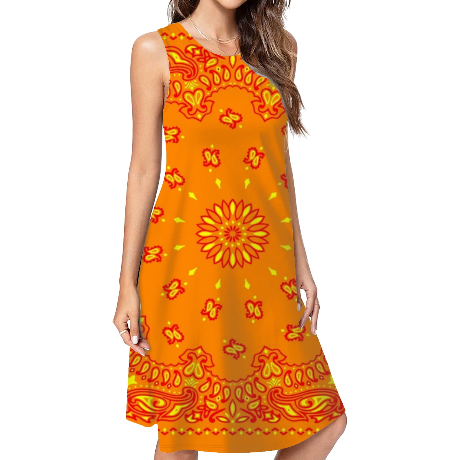 Classic Paisley Bandana, Orange, Red And Yellow Dress Loose Women'S ...