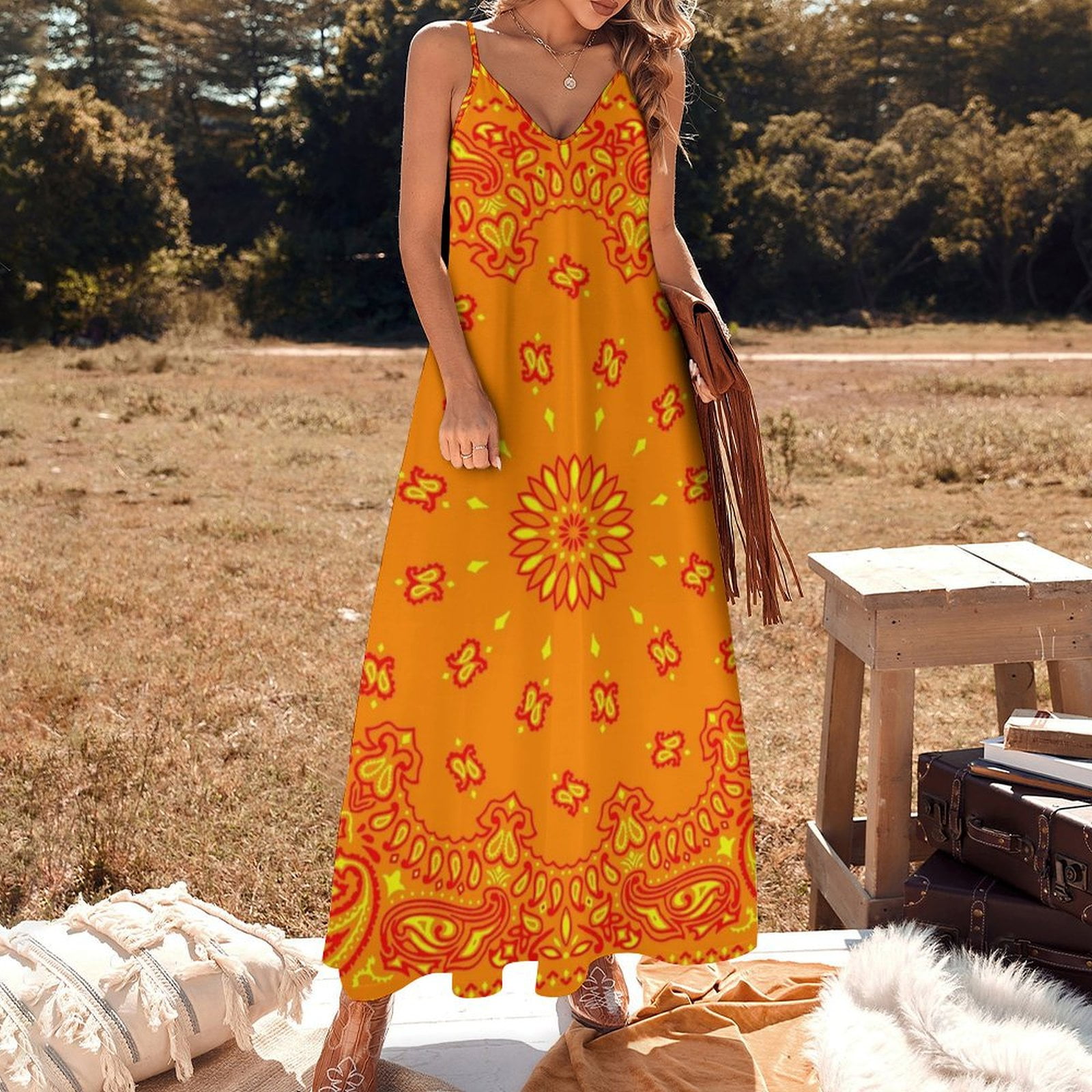 Classic Paisley Bandana, Orange, Red And Yellow Sleeveless Dress ...