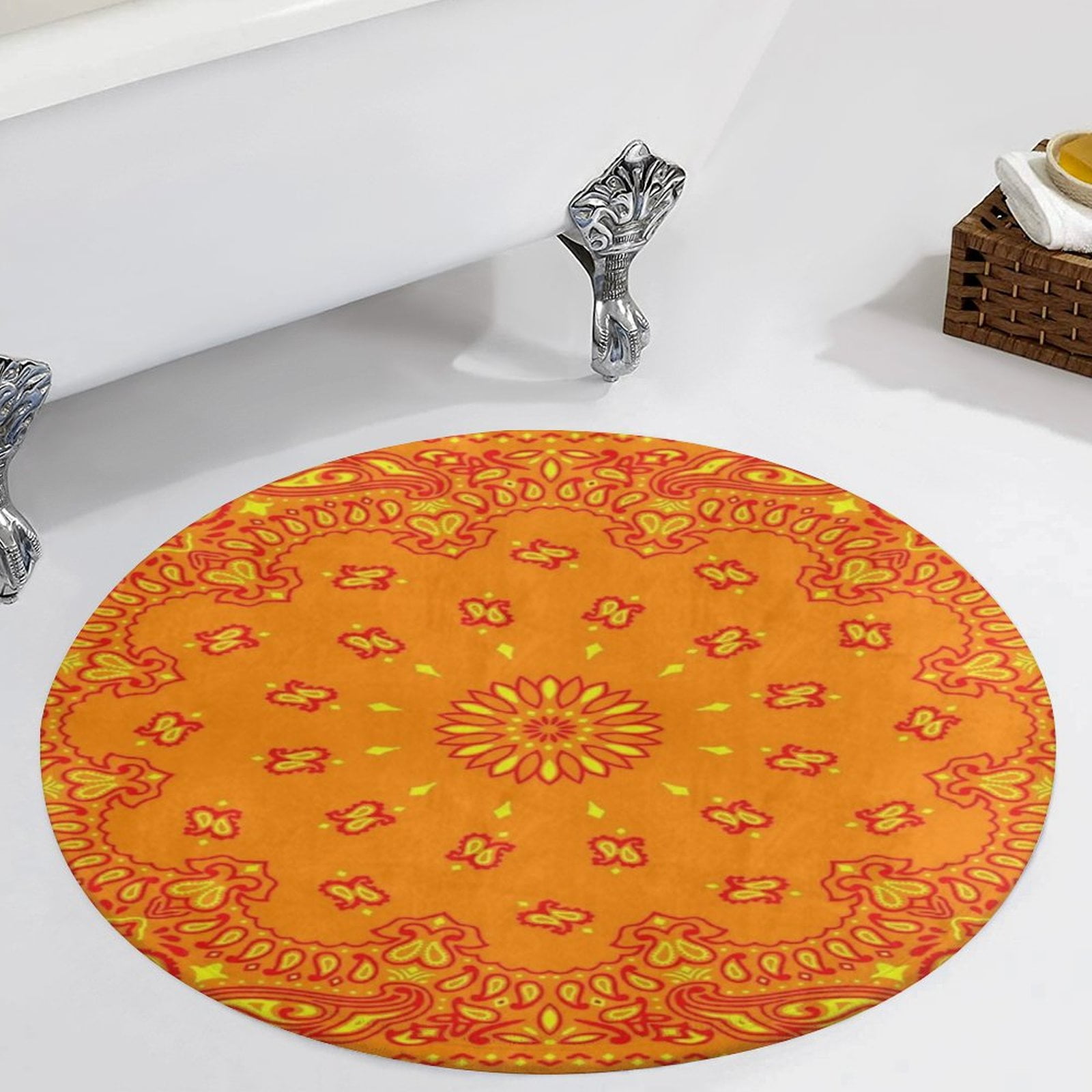 Classic Paisley Bandana, Orange, Red And Yellow Round Carpet Circle Rug ...