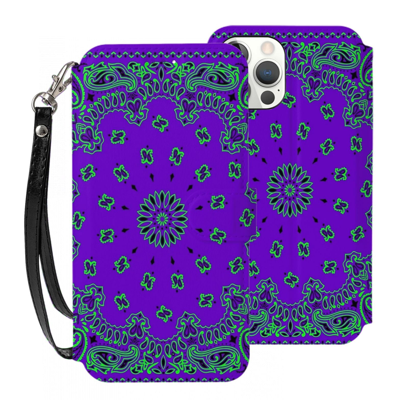 Classic Paisley Bandana, Purple And Green Leather Wallet Phone Case ...