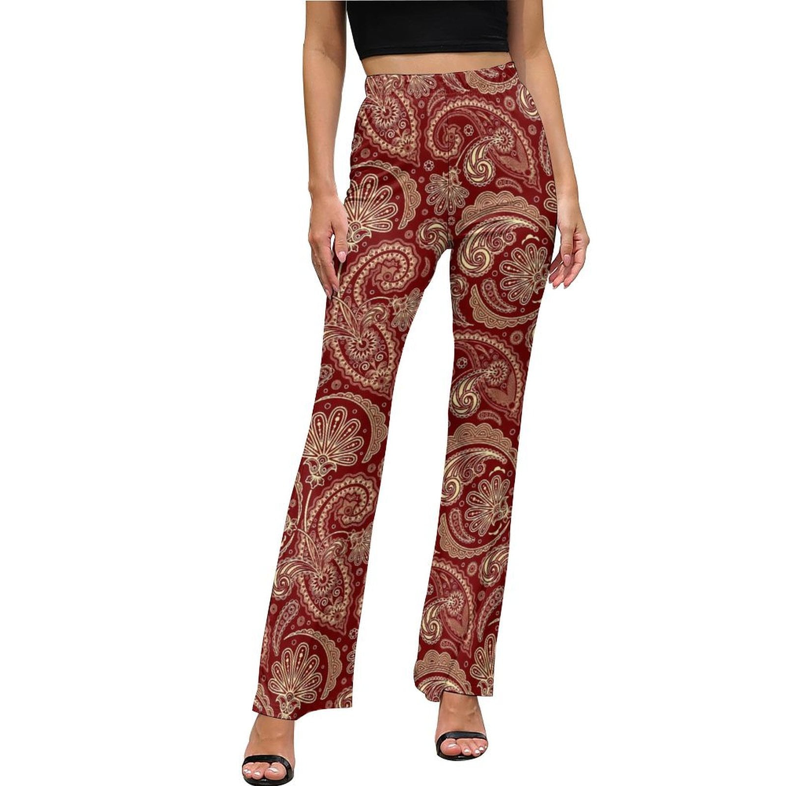 Classic Paisley Pants Patchwrok Print Elastic Waist Casual Flare ...