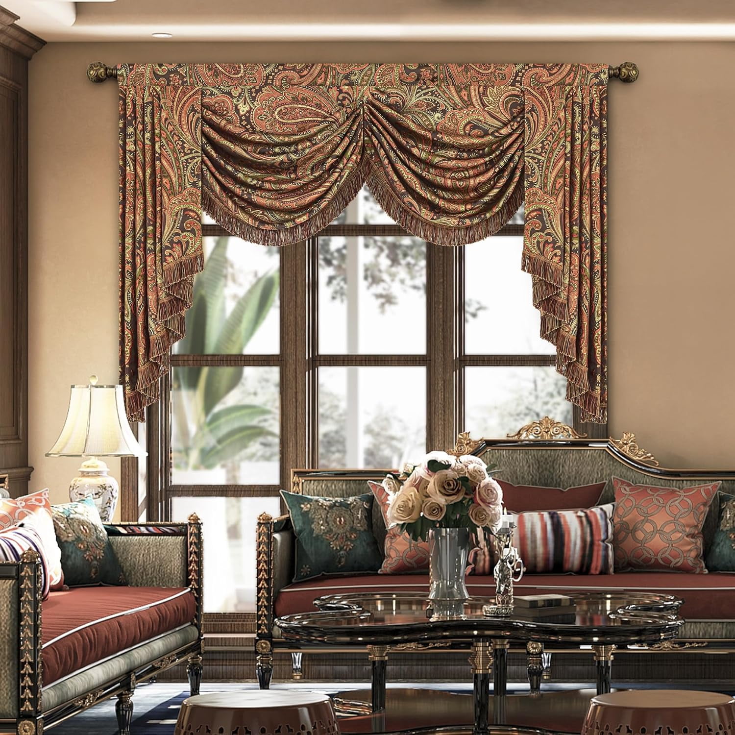 Classic Paisley Swag Window Valances with Tassels, Vintage Jacquard Waterfall Valance for Living ...