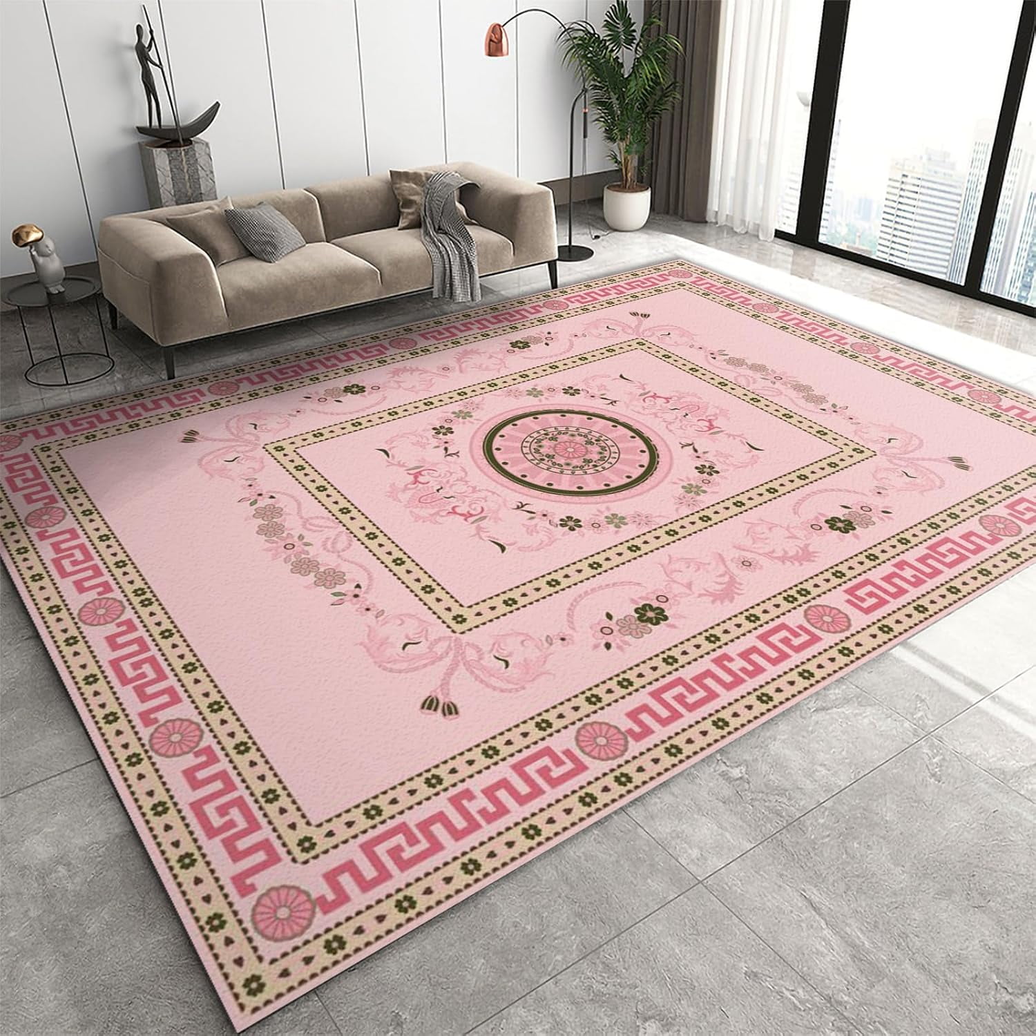 Classic Pink Boho Rug Modern Elegant Flowers Rug for Bedroom, Washable ...