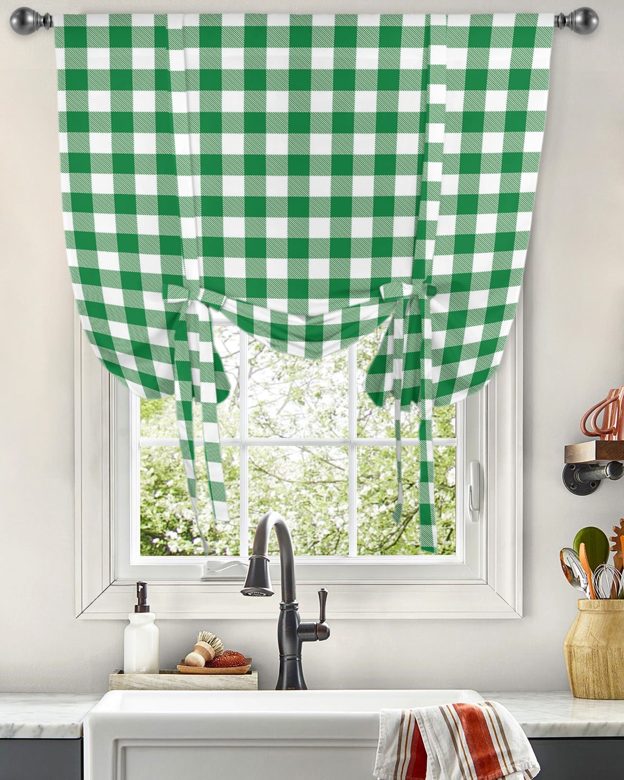 Classic Plaid Green Lattice Curtain for Living Room Kitchen Tie-up ...