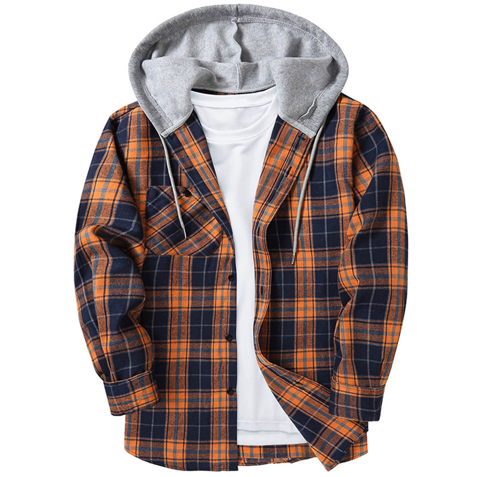 Classic Plaid Jacket Hoodie, Button Up Flannel Shirt Jackets for Men ...