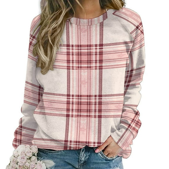 Classic Plaid Pattern Red Beige Fashion Round Neck Long Sleeve Printed ...