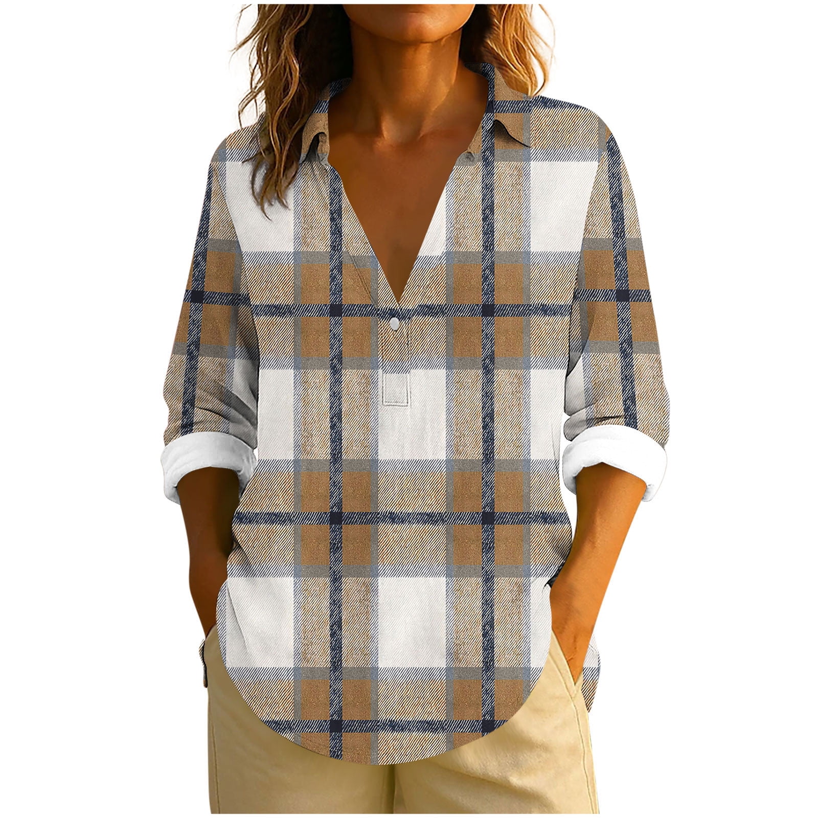 Classic Plaid Pullover for Woman Button V Neck Sweatshirts Casual Lapel ...