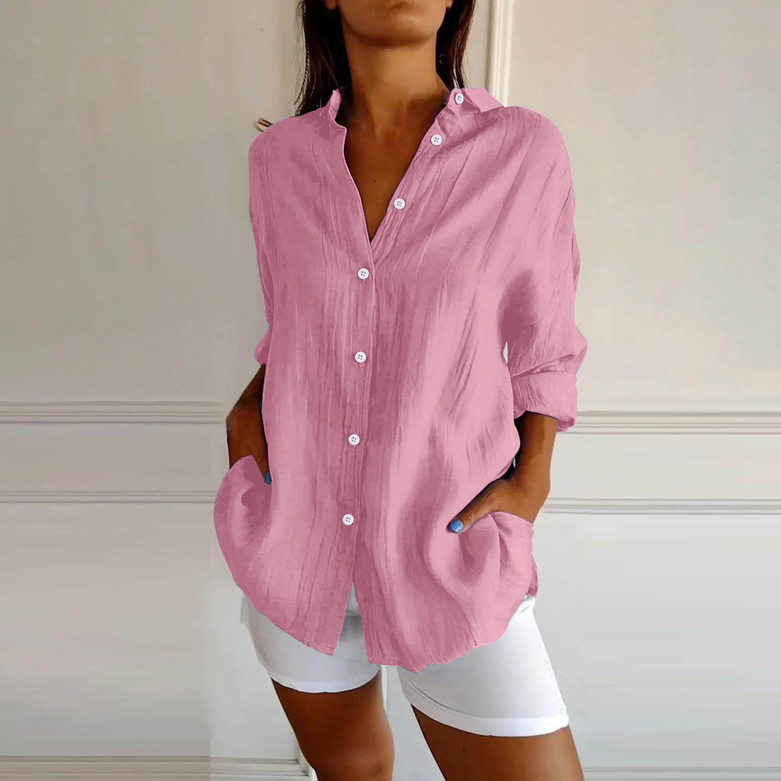 Classic Pleated Textured Lapel Shirt For Women Summer Lightweight Roll ...