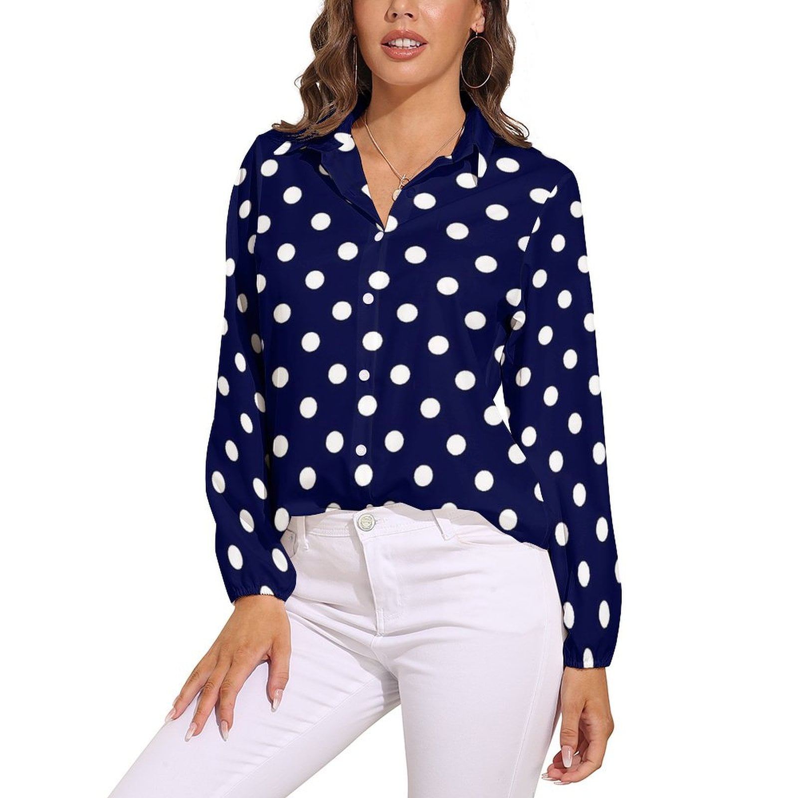 Classic Polka Dots Blouse Womens Blue And White Street Wear Loose ...