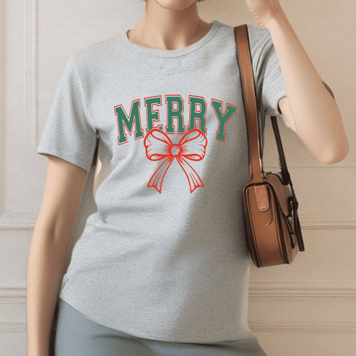 Classic Print For Women Tees,Bow Pattern T Shirt"MERRY"Text,Crew Cotton ...
