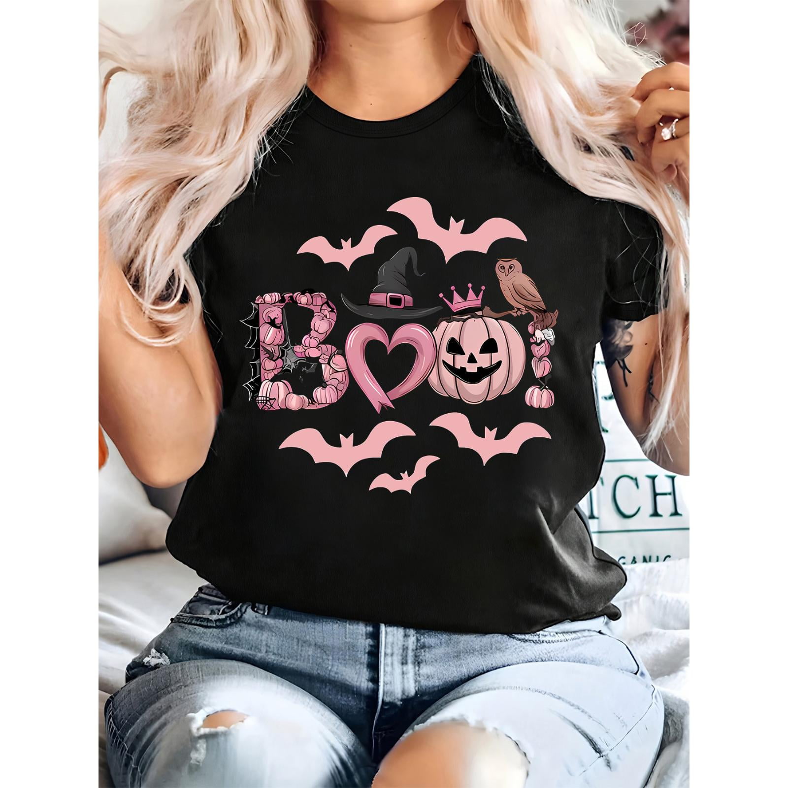 Classic Print For Women Tees,Halloween Graphic T Shirt with"Boo"Text ...