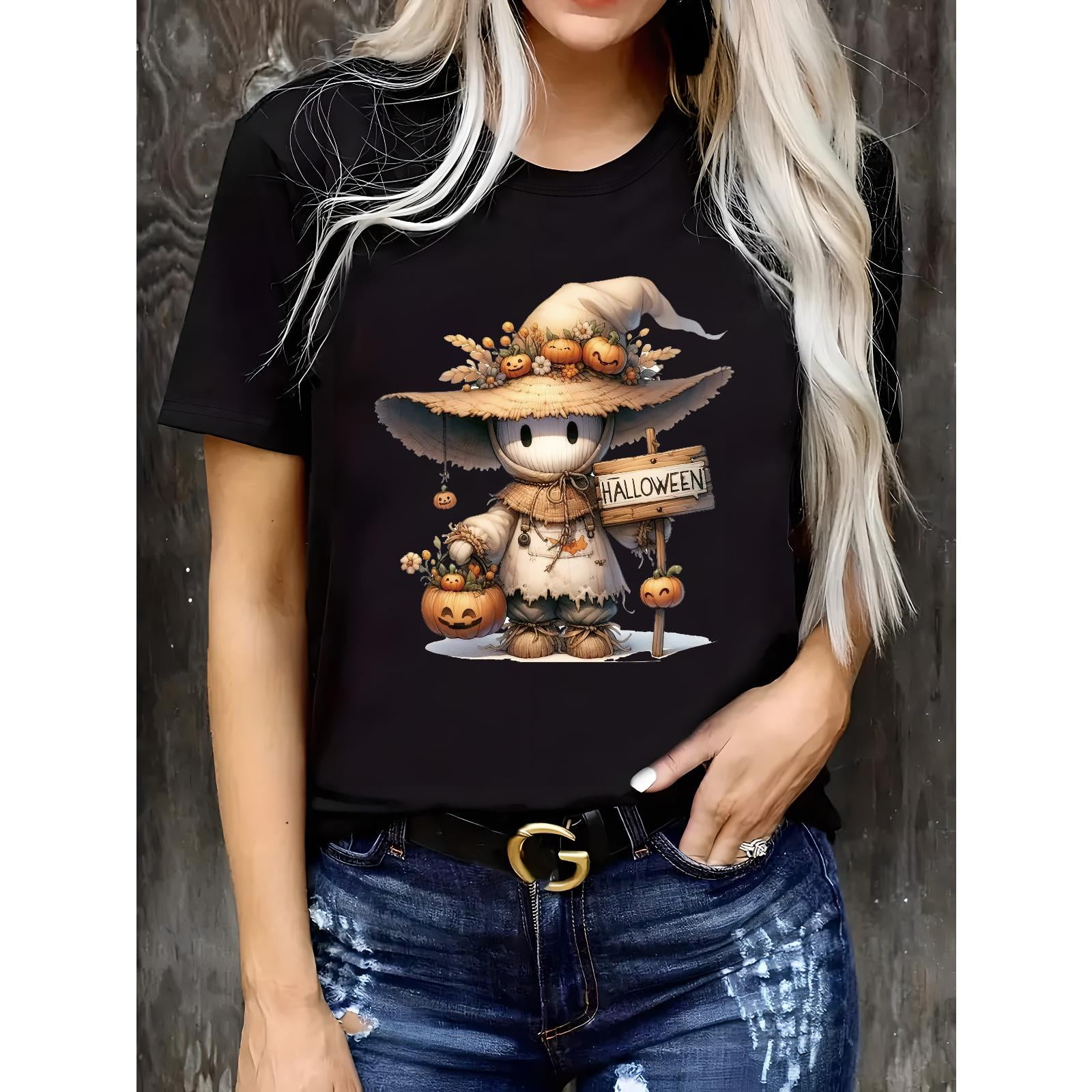 Classic Print For Women Tees,Scarecrow, Pumpkins & Witch Hat Graphic T Shirt,Crew Cotton Neck ...