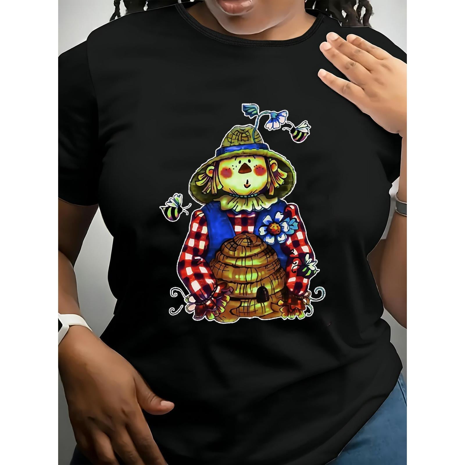 Classic Print For Women Tees,Scarecrow and Beekeeping Design Graphic T Shirt,Crew Cotton Neck ...