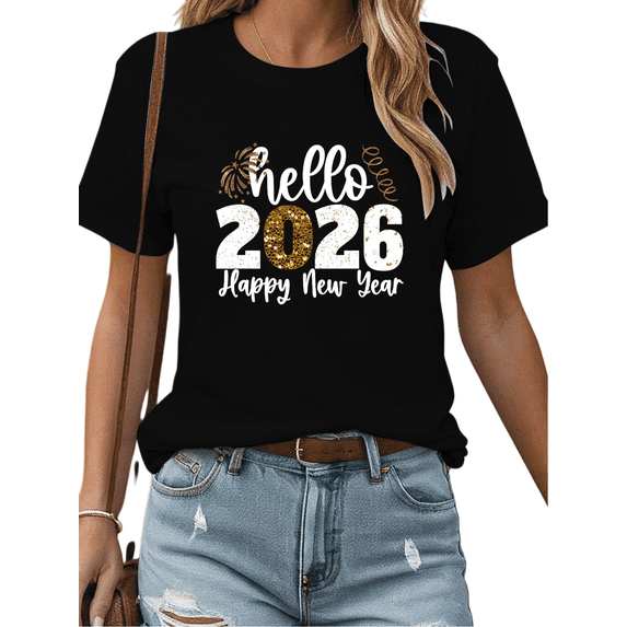 Classic Print Tshirt Black S-5XL New Year Themed Hello 2026 Happy Pure ...