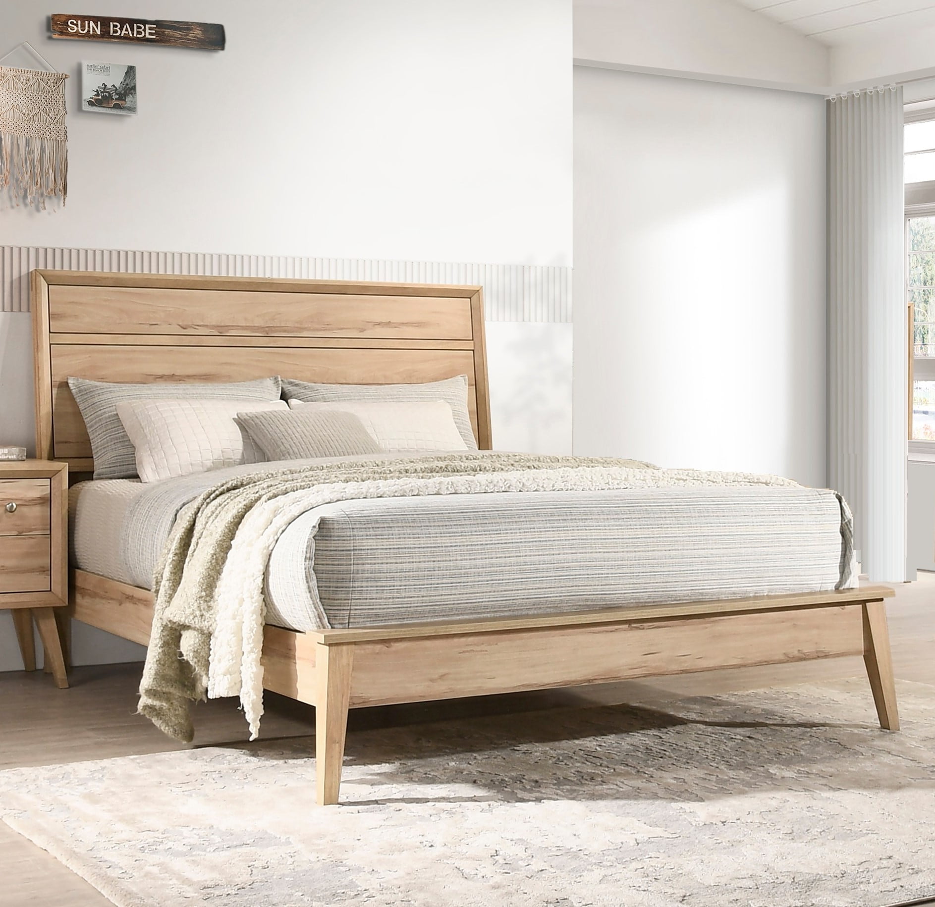 Classic Queen Bed Frame in Natural Oak Finish | Mid-Century Modern Wood ...