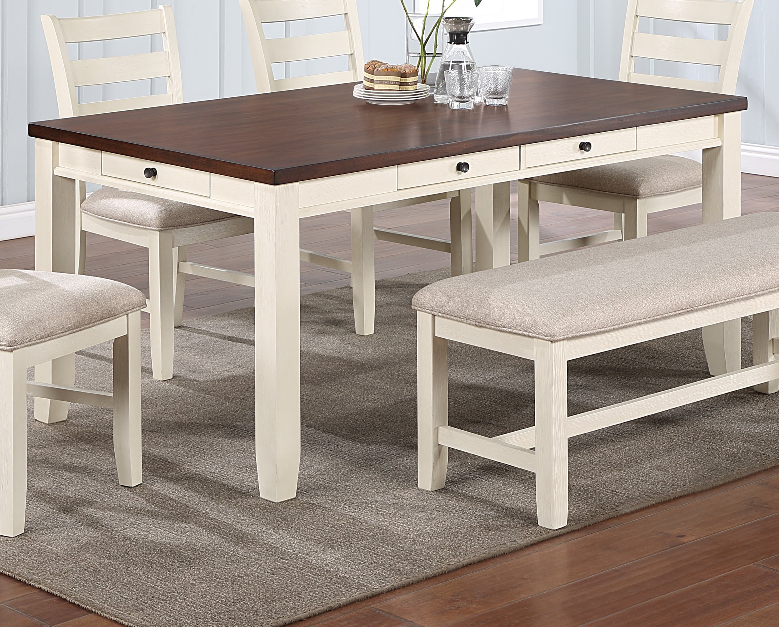 Classic Rectangular Dining Table with Pull-Out Drawers - White & Walnut Finish, Seats 6 ...