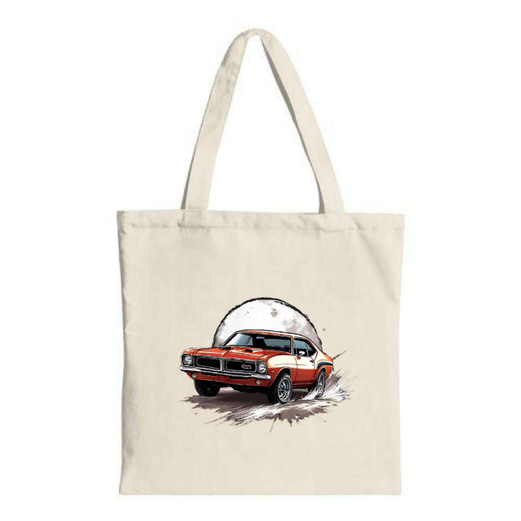 Classic Red Sports Car Tote Bag with White Racing Stripes Surreal Moon ...