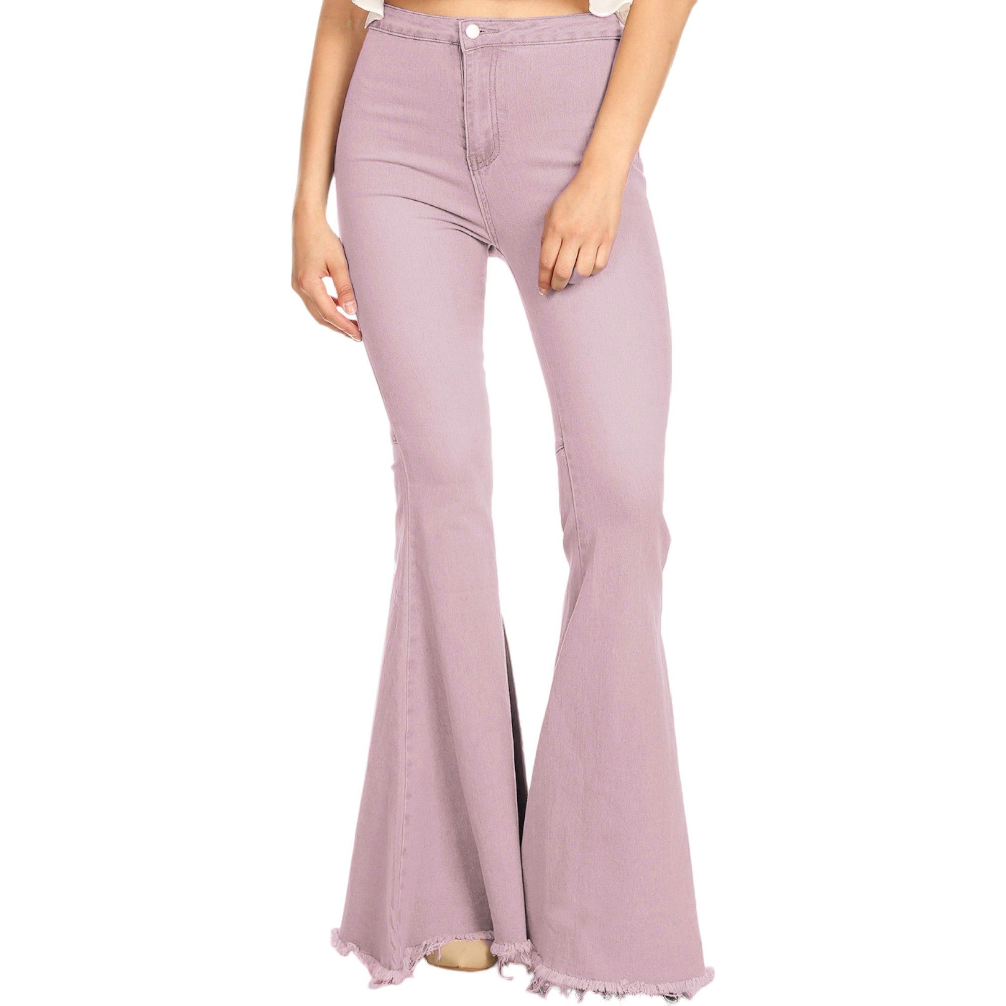 Classic Retro High Waist Long Denim Frayed Hem Bell Bottom Jeans-Large ...