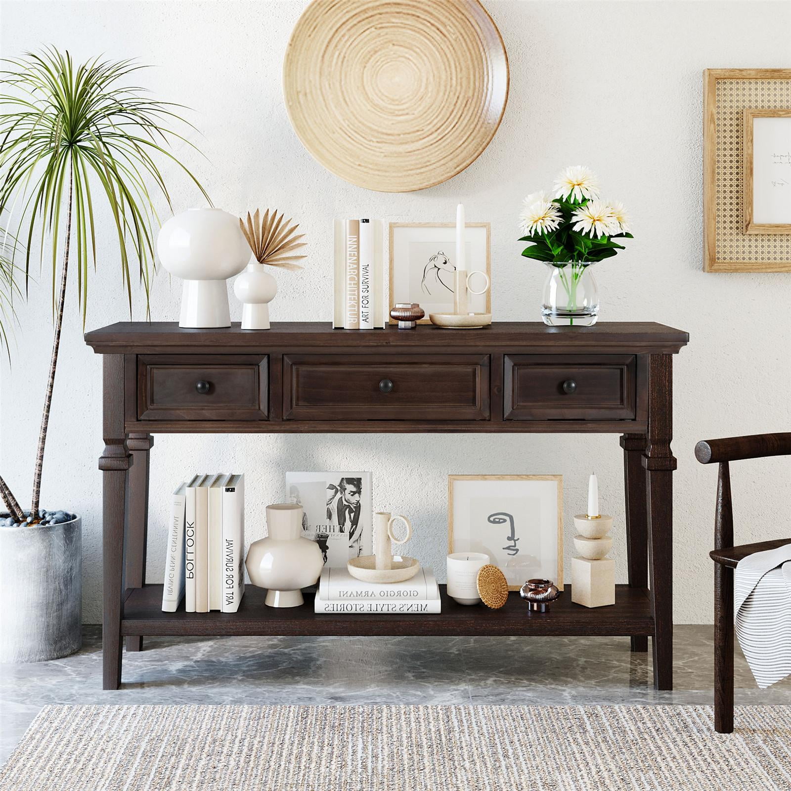 Classic Retro Style Console Table with Three Top Drawers and Open Style ...