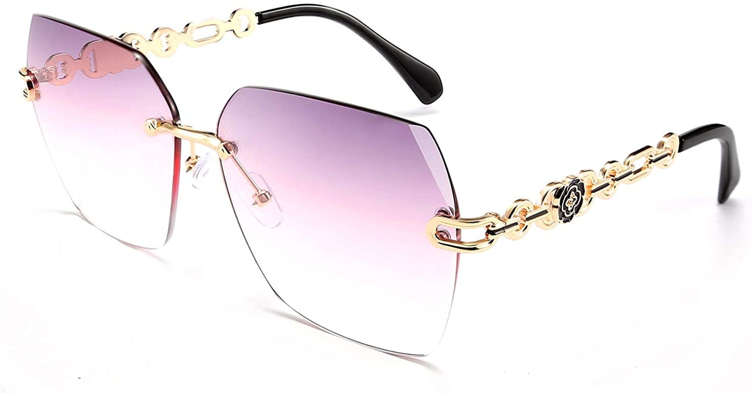 Classic Rimless Sunglasses Women Metal Frame Diamond Cutting Lens Sun ...