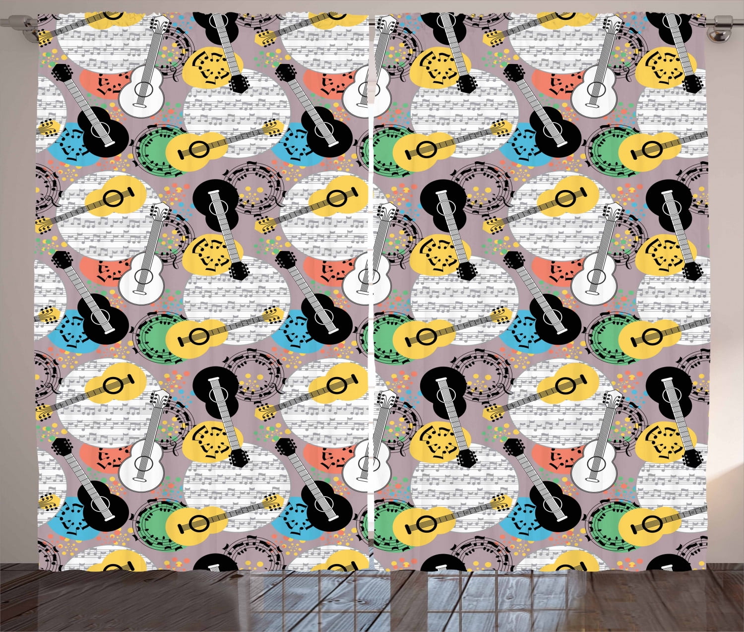 Ambesonne Classic Rock Curtains 2 Panel Set, Guitars Notes, 108" x 63 ...