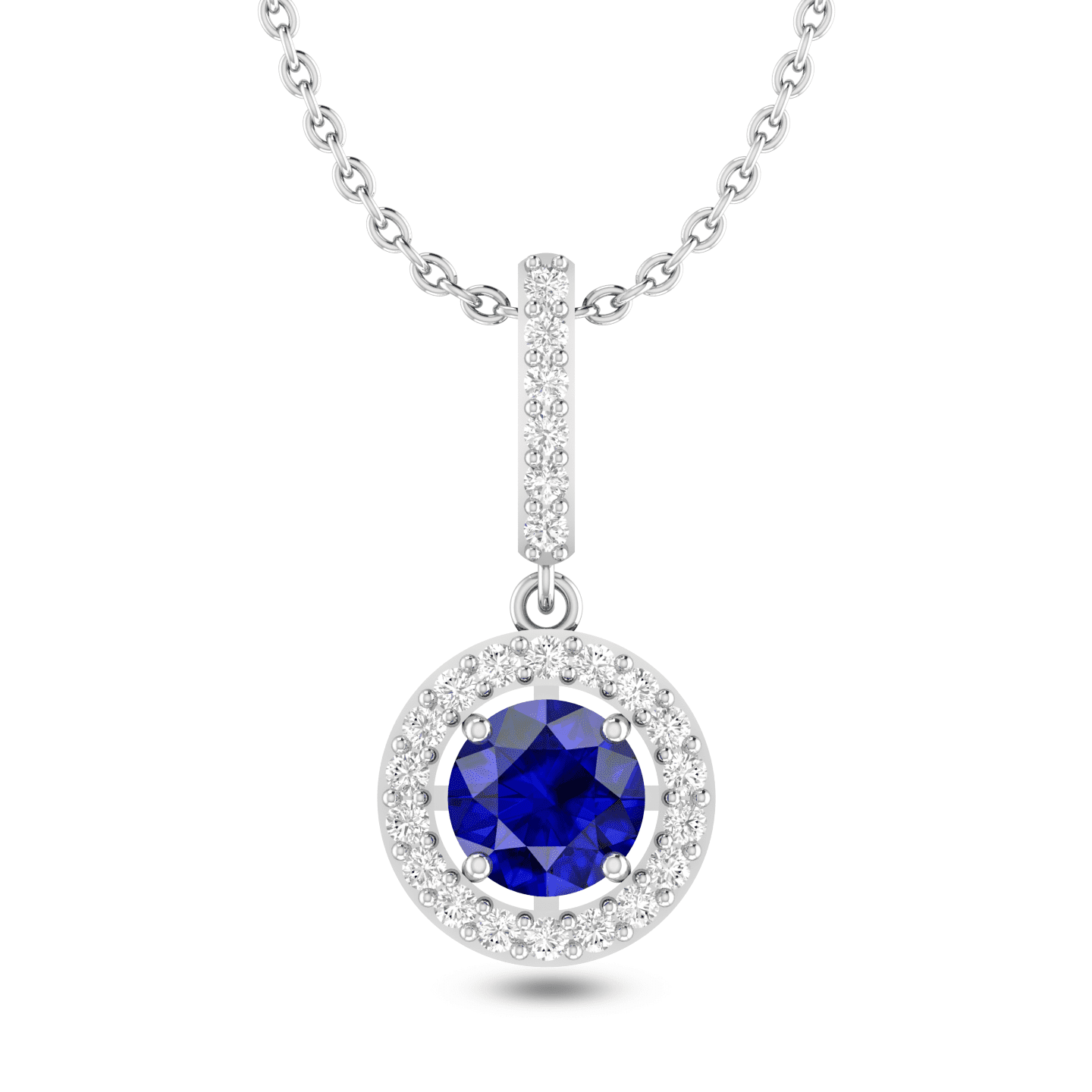 Classic Round Blue Sapphire Halo Dangle Silver Solitaire Pendant ...