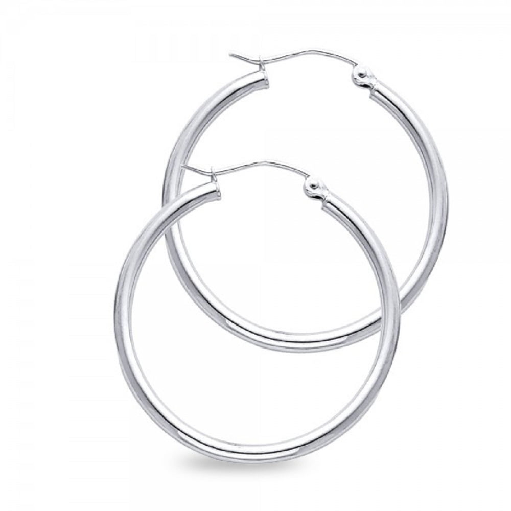 Classic Round Hoop Earrings Solid 14k White Gold Plain Design Polished ...